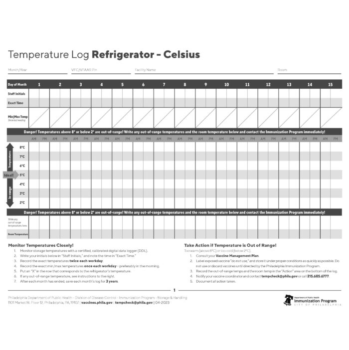 Philadelphia Immunization Program | Paper Temperature Logs
